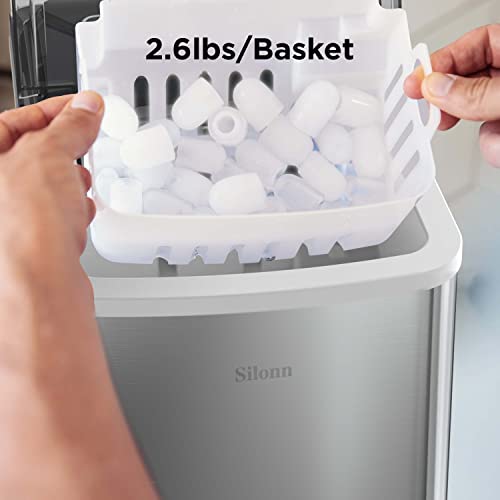 Silonn Ice Makers Countertop, 9 Cubes Ready in 6 Mins, 26lbs in 24Hrs, Self-Cleaning Ice Machine with Ice Scoop and Basket, 2 Sizes of Bullet Ice for Home Kitchen Office Bar Party