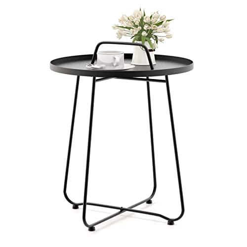 Tangkula Outdoor Side Table with Handle, 18" Round Small Coffee Accent Table for Indoor & Outdoor, Modern Rustproof Tray Metal End Table for Patio, Living Room, Balcony, Backyard, Poolside, Porch