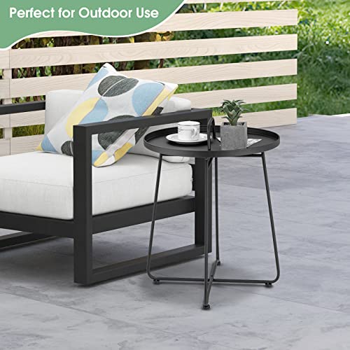 Tangkula Outdoor Side Table with Handle, 18" Round Small Coffee Accent Table for Indoor & Outdoor, Modern Rustproof Tray Metal End Table for Patio, Living Room, Balcony, Backyard, Poolside, Porch