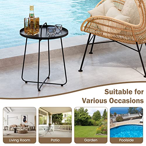 Tangkula Outdoor Side Table with Handle, 18" Round Small Coffee Accent Table for Indoor & Outdoor, Modern Rustproof Tray Metal End Table for Patio, Living Room, Balcony, Backyard, Poolside, Porch