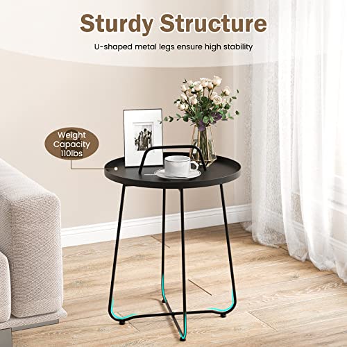 Tangkula Outdoor Side Table with Handle, 18" Round Small Coffee Accent Table for Indoor & Outdoor, Modern Rustproof Tray Metal End Table for Patio, Living Room, Balcony, Backyard, Poolside, Porch