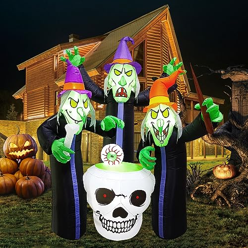 Lanstics Halloween Inflatable Outdoor, 6.2FT Witch Inflatable Yard Decoration 3 Witch Around Cauldron with LED Light Green Eye Skull Halloween Blow Up Decoration for Lawn Party Home Decor…