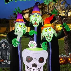 Lanstics Halloween Inflatable Outdoor, 6.2FT Witch Inflatable Yard Decoration 3 Witch Around Cauldron with LED Light Green Eye Skull Halloween Blow Up Decoration for Lawn Party Home Decor…