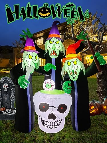 Lanstics Halloween Inflatable Outdoor, 6.2FT Witch Inflatable Yard Decoration 3 Witch Around Cauldron with LED Light Green Eye Skull Halloween Blow Up Decoration for Lawn Party Home Decor…