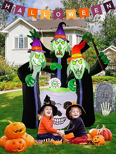 Lanstics Halloween Inflatable Outdoor, 6.2FT Witch Inflatable Yard Decoration 3 Witch Around Cauldron with LED Light Green Eye Skull Halloween Blow Up Decoration for Lawn Party Home Decor…