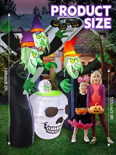 Lanstics Halloween Inflatable Outdoor, 6.2FT Witch Inflatable Yard Decoration 3 Witch Around Cauldron with LED Light Green Eye Skull Halloween Blow Up Decoration for Lawn Party Home Decor…