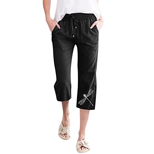 Capris for Women Cotton Linen Lightweight Cropped Pants with Pockets Dragonfly Printed Beach Drawstring High Waist Wide Leg Baggy Streetwear Lounge Sweatpants (Z07-Black,XXL)