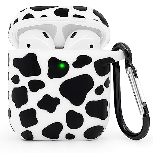 Mouzor Cute Airpods Case, Cow Print Airpods 2 Case, Cow Pattern Funny Cartoon Animals Soft Silicone Shockproof Charging Case Cover with Carabiner for Airpods 1st Generation, Airpods 2nd Generation