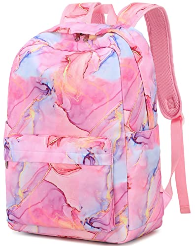 School Backpack for Teen Girls Bookbags Elementary High School Marble Laptop Bags Women Travel Daypacks (Marble Pink)