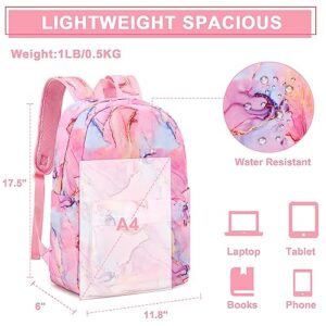 School Backpack for Teen Girls Bookbags Elementary High School Marble Laptop Bags Women Travel Daypacks (Marble Pink)