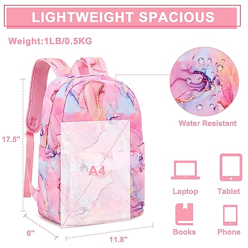 School Backpack for Teen Girls Bookbags Elementary High School Marble Laptop Bags Women Travel Daypacks (Marble Pink)