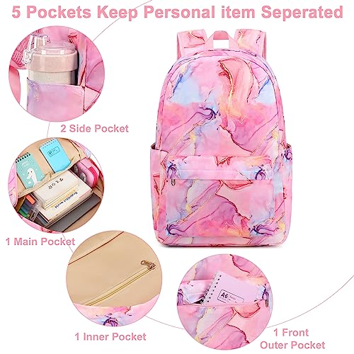 School Backpack for Teen Girls Bookbags Elementary High School Marble Laptop Bags Women Travel Daypacks (Marble Pink)