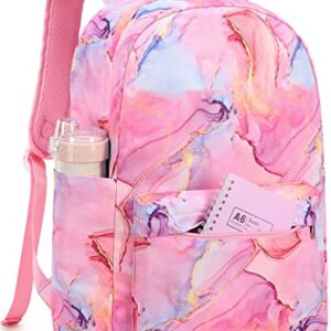 School Backpack for Teen Girls Bookbags Elementary High School Marble Laptop Bags Women Travel Daypacks (Marble Pink)