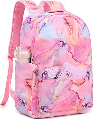 School Backpack for Teen Girls Bookbags Elementary High School Marble Laptop Bags Women Travel Daypacks (Marble Pink)