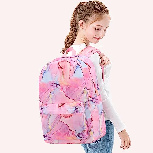 School Backpack for Teen Girls Bookbags Elementary High School Marble Laptop Bags Women Travel Daypacks (Marble Pink)