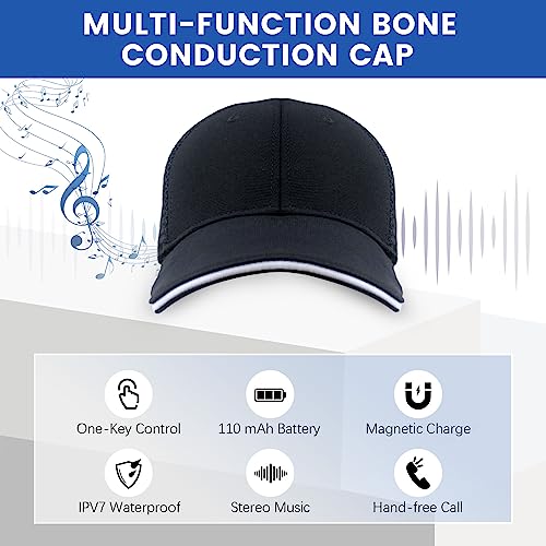 Dulailt Bone Conduction Headphones Cap, Trucker Hat with Bluetooth Headphones, 20.4”-24.4” Adjustable Strap, Magnetic Charging, IPV7 Waterproof Snapback Hat, for Running Hiking and Fishing Black