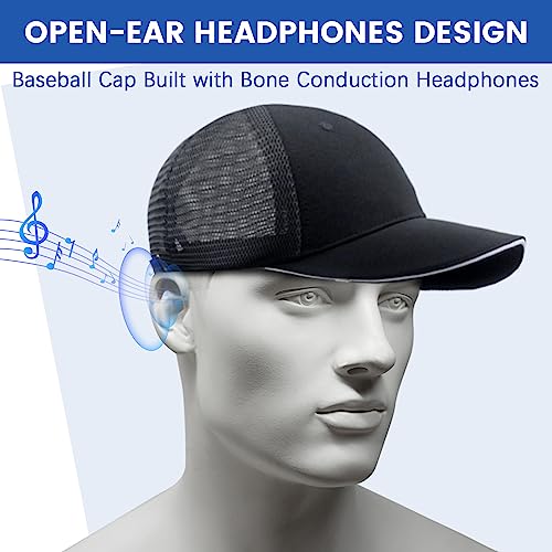 Dulailt Bone Conduction Headphones Cap, Trucker Hat with Bluetooth Headphones, 20.4”-24.4” Adjustable Strap, Magnetic Charging, IPV7 Waterproof Snapback Hat, for Running Hiking and Fishing Black