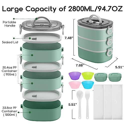 KHOXU Bento Lunch Box, Stackable 3 Layers Bento Box Adult Lunch Box, 94OZ Large Capacity Lunch Containers, Lunch Box Kids with Accessories Kit , Leak-Proof, Food-Safe Materials, Green