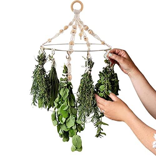 ZUKPUMNE Herb Hanging Drying Rack, Herb Drying 15 Hooks with Rack, Kitchen Decor Flower Drying Hanging Rack, Boho Macrame Handcrafted Drying Rack for Herbs and Plants