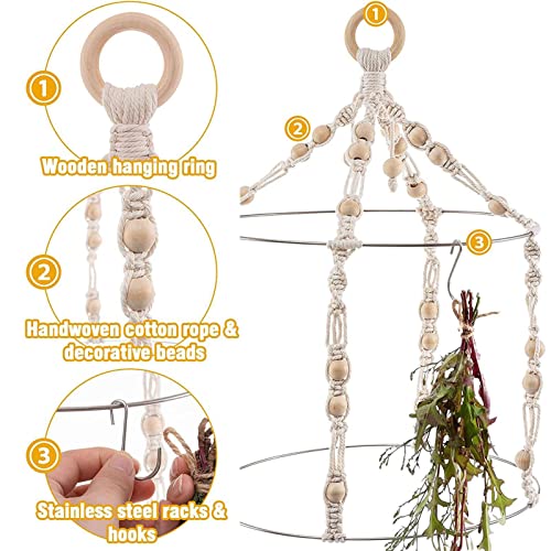 ZUKPUMNE Herb Hanging Drying Rack, Herb Drying 15 Hooks with Rack, Kitchen Decor Flower Drying Hanging Rack, Boho Macrame Handcrafted Drying Rack for Herbs and Plants