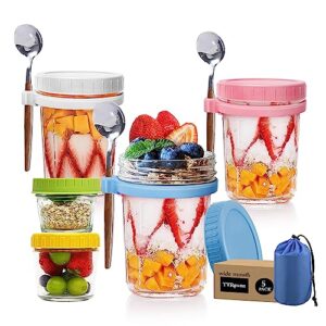 ttrpuon overnight oats containers with lids glass and spoon,glass jars with lids, cereal cups to go, breakfast on the go cups, cups set of 5