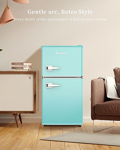 Bodare Retro Mini Fridge with Freezer: 3.2 Cu.Ft Mini Refrigerator with 2 Doors - Small Refrigerator Energy-Saving Compact Refrigerator - Small Fridge for Bedroom Dorm (Blue)