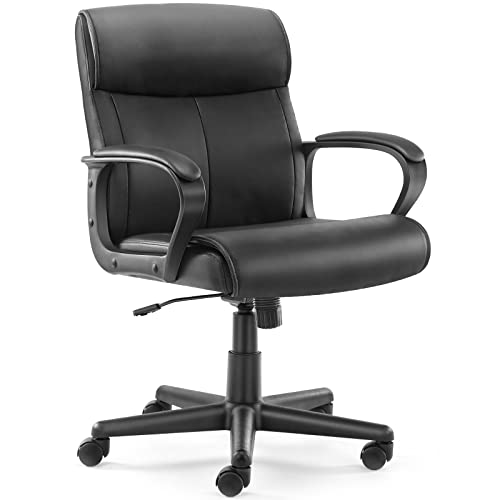 OLIXIS Office Desk Chair with Padded Armrests Executive Mid Back Lumbar Support and Adjustable Height & Tilt Angle PU Leather Swivel, Black