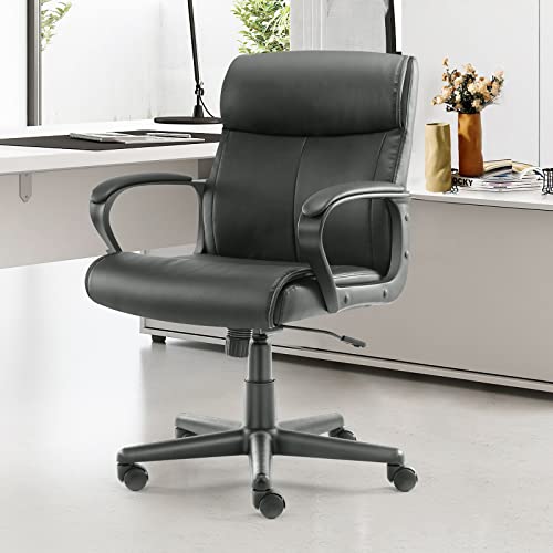 OLIXIS Office Desk Chair with Padded Armrests Executive Mid Back Lumbar Support and Adjustable Height & Tilt Angle PU Leather Swivel, Black