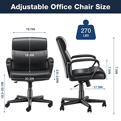 OLIXIS Office Desk Chair with Padded Armrests Executive Mid Back Lumbar Support and Adjustable Height & Tilt Angle PU Leather Swivel, Black