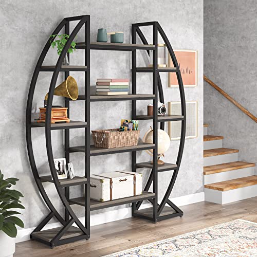 Bookshelf, Oval Triple Wide 5 Tiers Etagere Bookcases, Industrial Display Shelves for Living Room (Grey, 55")