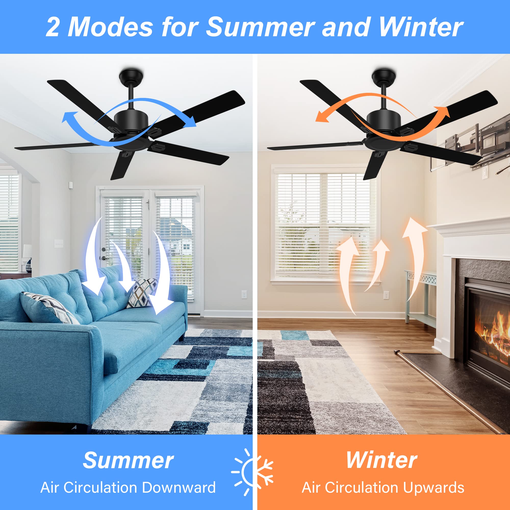 BECLOG Ceiling Fan with Remote Control, Ceiling Fans 52" Outdoor/Indoor with 6 Speeds Reversible DC Motor Ceiling Fans No Lights Modern for Kitchen, Bedroom, Living Room, Farmhouse, Patios (52" black)