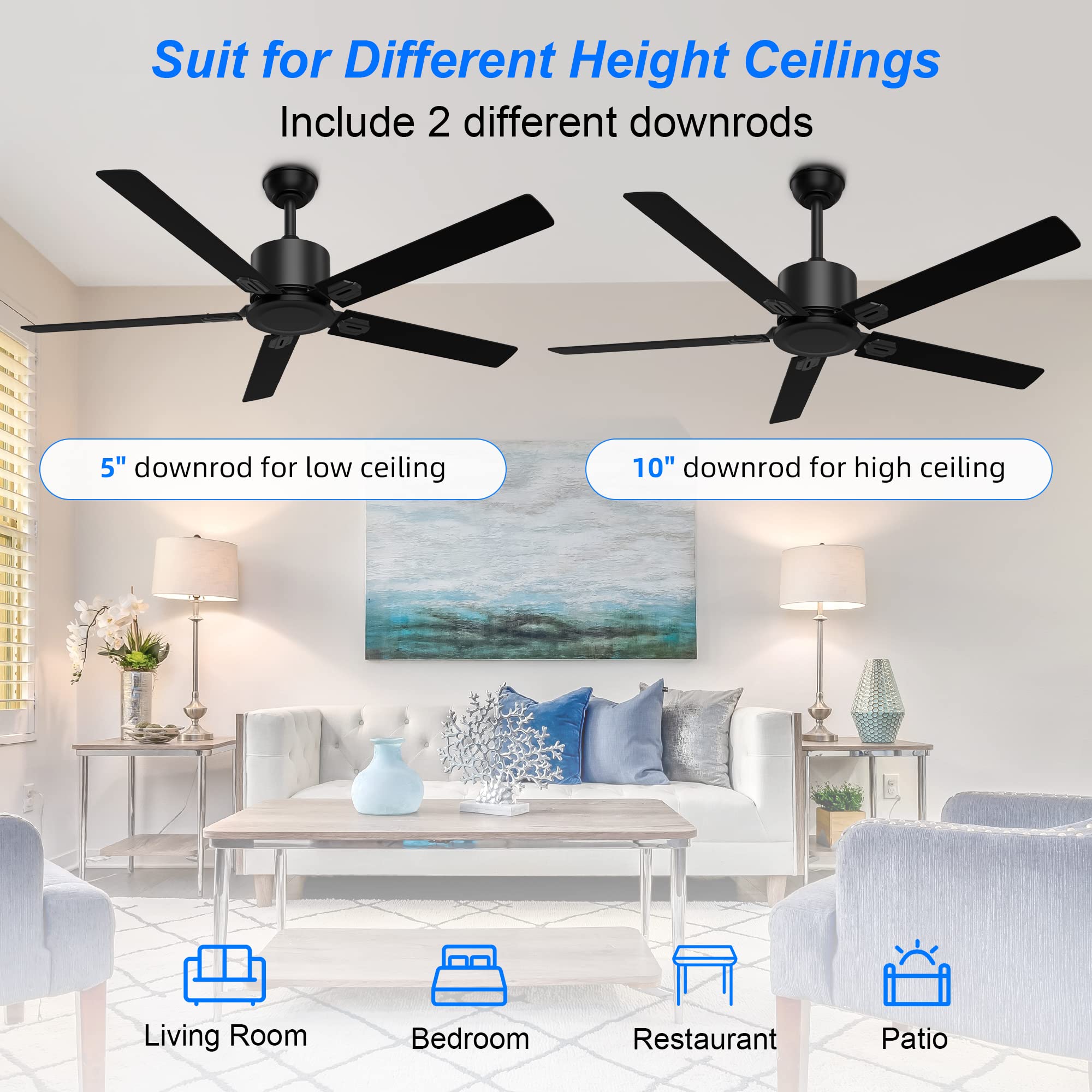 BECLOG Ceiling Fan with Remote Control, Ceiling Fans 52" Outdoor/Indoor with 6 Speeds Reversible DC Motor Ceiling Fans No Lights Modern for Kitchen, Bedroom, Living Room, Farmhouse, Patios (52" black)