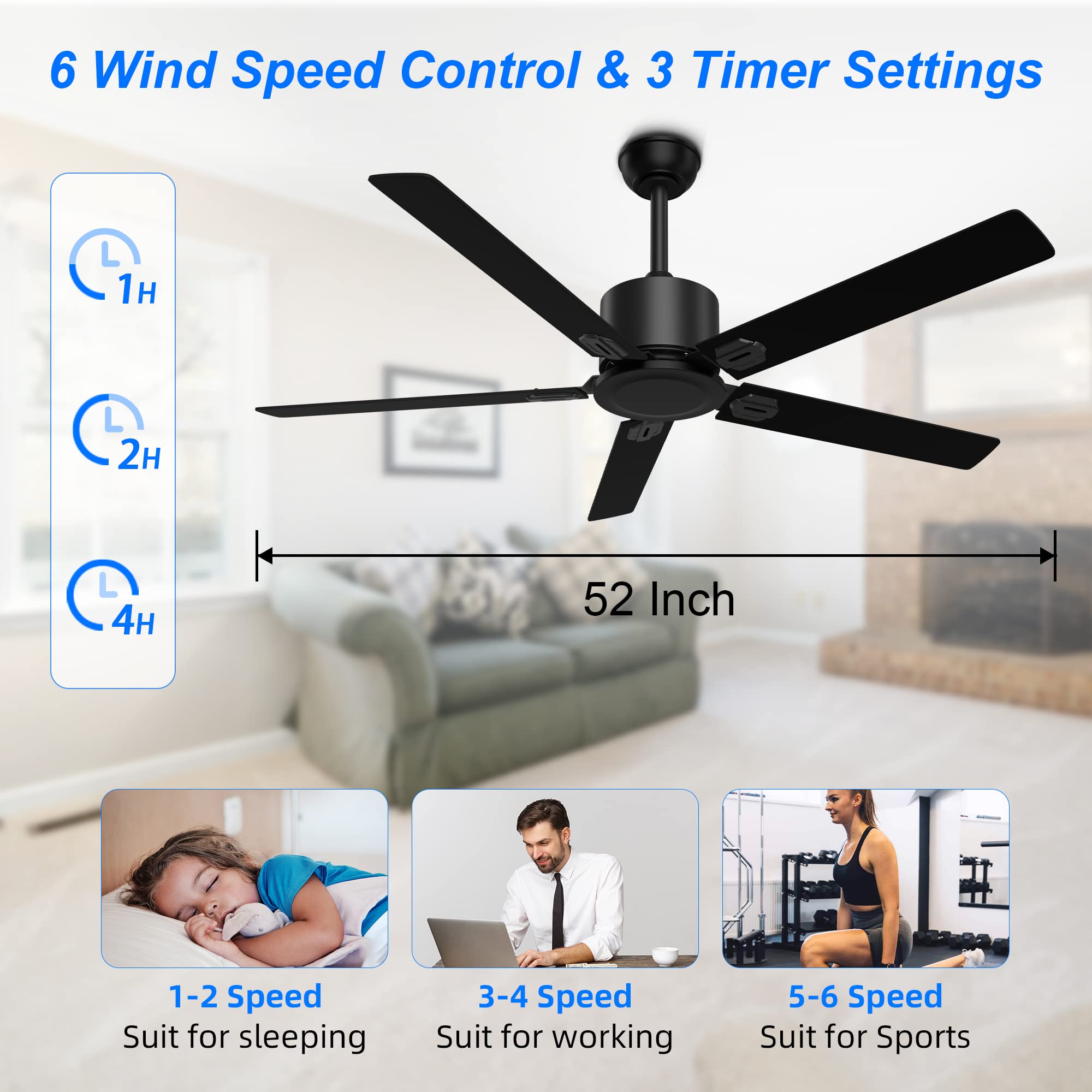 BECLOG Ceiling Fan with Remote Control, Ceiling Fans 52" Outdoor/Indoor with 6 Speeds Reversible DC Motor Ceiling Fans No Lights Modern for Kitchen, Bedroom, Living Room, Farmhouse, Patios (52" black)