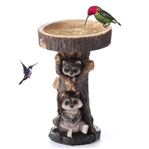 naisicore birdbath, 21cm/8.3inch resin raccoon woode stake bird feeder statues, standing animal bird bath tray, garden landscape decorative ornament for patio yard lawn decoration