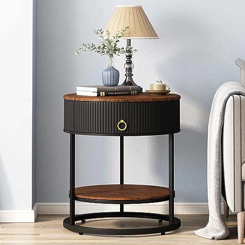 OIOG Round End Table with Drawer, Modern Wood Side Table with Shelf, 2-Tier Nightstand with Drawer for Living Room, Bedroom, Rustic Brown and Black