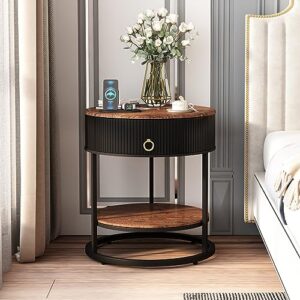 OIOG Round End Table with Drawer, Modern Wood Side Table with Shelf, 2-Tier Nightstand with Drawer for Living Room, Bedroom, Rustic Brown and Black