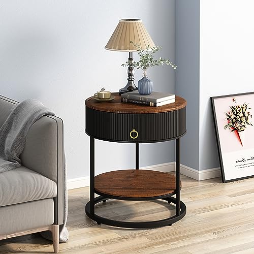 OIOG Round End Table with Drawer, Modern Wood Side Table with Shelf, 2-Tier Nightstand with Drawer for Living Room, Bedroom, Rustic Brown and Black