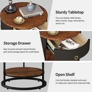 OIOG Round End Table with Drawer, Modern Wood Side Table with Shelf, 2-Tier Nightstand with Drawer for Living Room, Bedroom, Rustic Brown and Black