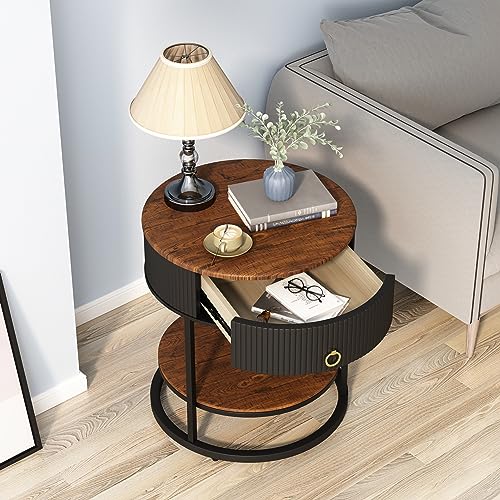 OIOG Round End Table with Drawer, Modern Wood Side Table with Shelf, 2-Tier Nightstand with Drawer for Living Room, Bedroom, Rustic Brown and Black