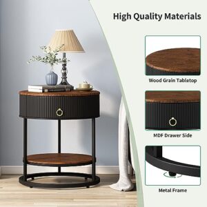 OIOG Round End Table with Drawer, Modern Wood Side Table with Shelf, 2-Tier Nightstand with Drawer for Living Room, Bedroom, Rustic Brown and Black