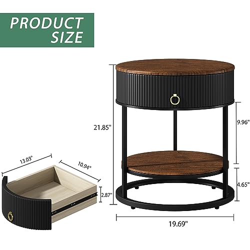 OIOG Round End Table with Drawer, Modern Wood Side Table with Shelf, 2-Tier Nightstand with Drawer for Living Room, Bedroom, Rustic Brown and Black