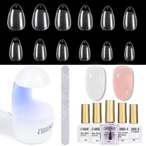 aillsa gel nail kit short almond nail tips 240pcs with 2 in 1 nail glue base coat and nail dehyrator, soft gel full nail kit with nail lamp top coat for starters home salon