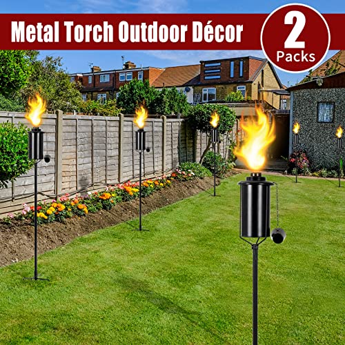 TaoTazon 2 Packs Metal Garden Torches for Outside, 16oz Outdoor Metal Torch, Citronella Torches Lighting with 4-Prong Grounded Stake for Garden Patio Pathway