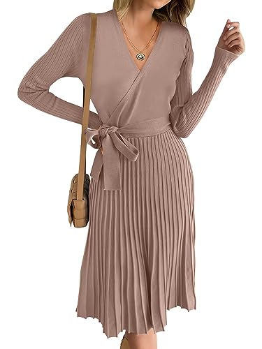 ANRABESS Long Sleeve Sweater Dress 2023 Fall Wrap Pleated V Neck Work Office A Line Tie Waist Soild Color Belted Ribbed Knit Bodycon Midi Sweater Dress 937doukou-XL