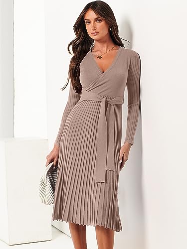 ANRABESS Long Sleeve Sweater Dress 2023 Fall Wrap Pleated V Neck Work Office A Line Tie Waist Soild Color Belted Ribbed Knit Bodycon Midi Sweater Dress 937doukou-XL