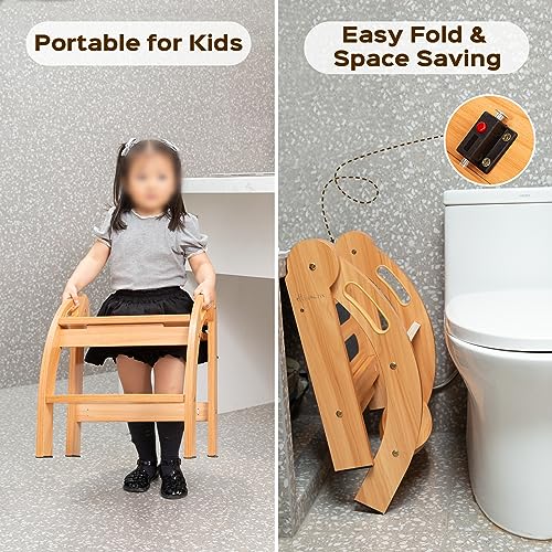 StrongTek 2 Step Wooden Kids' Step Stool, Foldable Toddler Step Stool, Anti-Slip Design, 150 lbs Capacity, 14-inch Height – Ideal for Bathroom, Kitchen, Countertop, and Sofa Access