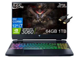 acer predator helios 300 gaming laptop (15.6" 165hz fhd ips, intel 12th gen i7-12700h, 64gb ddr5 ram, 1tb pcie ssd, geforce rtx 3060 6gb 140w), rgb backlit, fhd webcam, wifi 6e, win 11 home, black