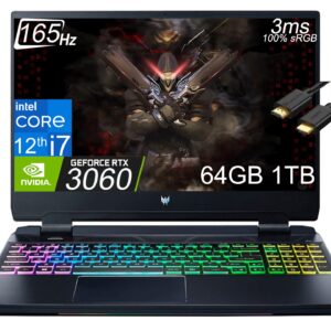 Acer Predator Helios 300 Gaming Laptop (15.6" 165Hz FHD IPS, Intel 12th Gen i7-12700H, 64GB DDR5 RAM, 1TB PCIe SSD, GeForce RTX 3060 6GB 140W), RGB Backlit, FHD Webcam, WiFi 6E, Win 11 Home, Black