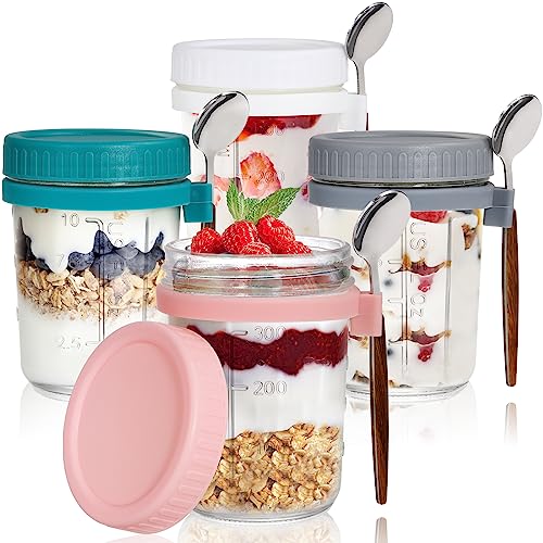 Pumtus 4 Pack Overnight Oats Container with Lid and Spoon, 16 OZ Airtight Glass Mason Oatmeal Jars, On The Go Meal Prep Jars with Measurement Marks for Milk, Cereal, Fruit, Breakfast