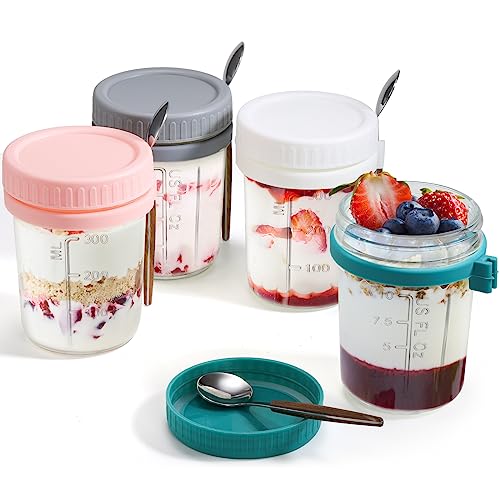 Pumtus 4 Pack Overnight Oats Container with Lid and Spoon, 16 OZ Airtight Glass Mason Oatmeal Jars, On The Go Meal Prep Jars with Measurement Marks for Milk, Cereal, Fruit, Breakfast